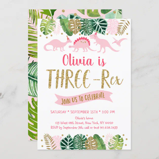 Pink Gold Girl Dinosaur THREE REX Birthday Invitation | Zazzle