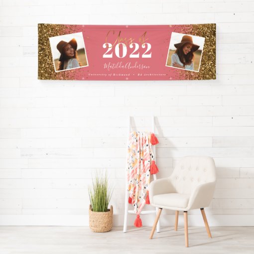 pink gold glitter 2 photo class of graduation banner | Zazzle