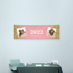 pink gold glitter 2 photo class of graduation banner | Zazzle