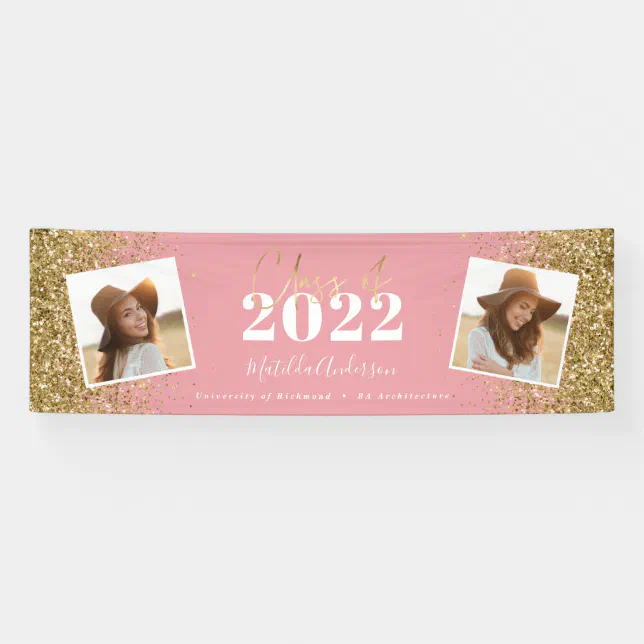 pink gold glitter 2 photo class of graduation banner | Zazzle
