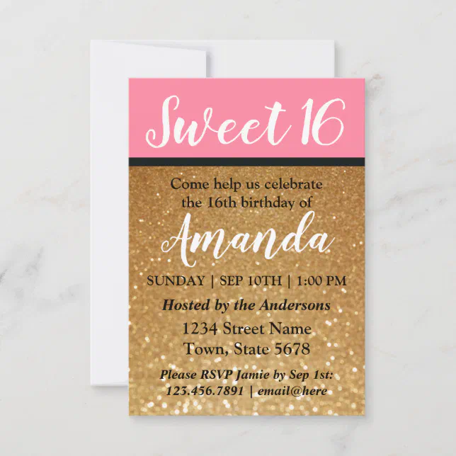 Pink + Gold Glitter A Sweet 16 Birthday Invitation | Zazzle