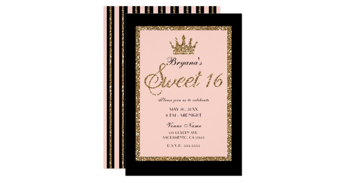 Pink Gold Glitter & Black Sweet 16 Princess Crown Invitation | Zazzle.com