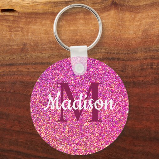 Pink Gold Glitter Chic Monogram Name Custom Keychain | Zazzle