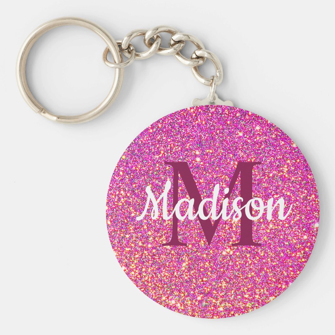 Pink Gold Glitter Chic Monogram Name Custom Keychain | Zazzle