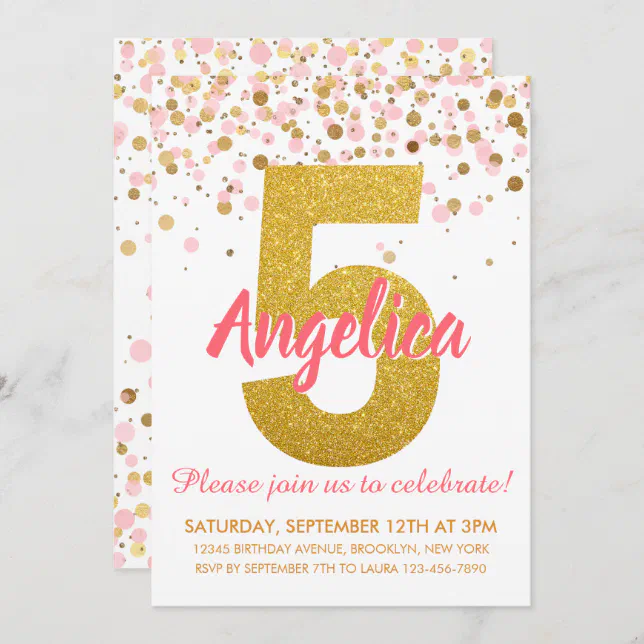 Pink Gold Glitter Confetti Girl Fifth Birthday Invitation | Zazzle