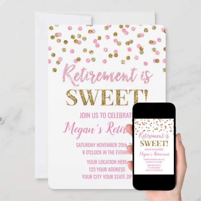 Pink Gold Glitter Confetti Retirement Party Invitation | Zazzle