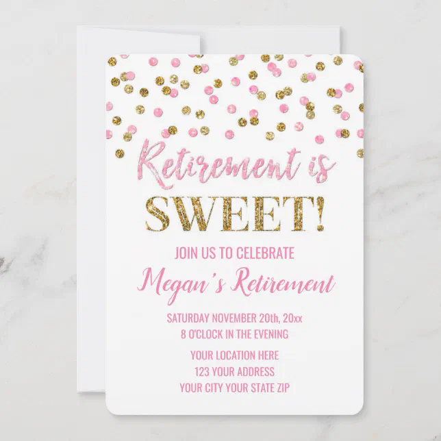 Pink Gold Glitter Confetti Retirement Party Invitation | Zazzle