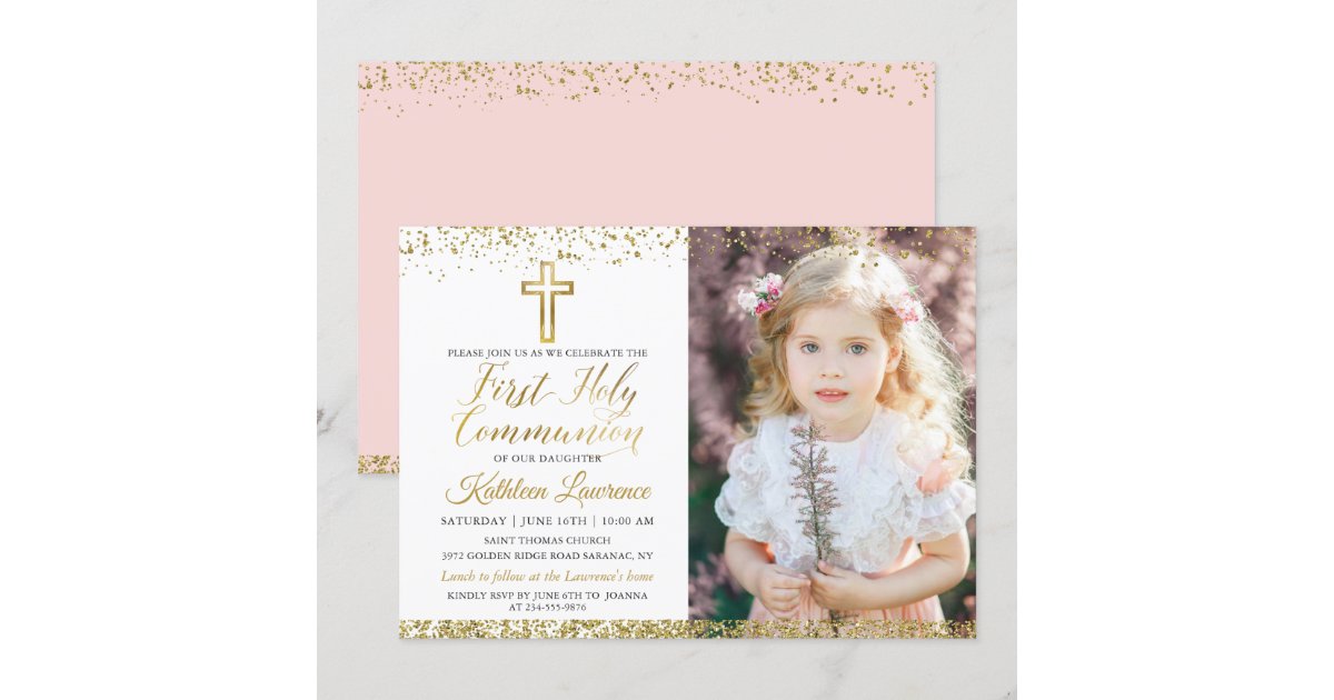 Pink Gold Glitter Cross First Holy Communion Photo Invitation | Zazzle