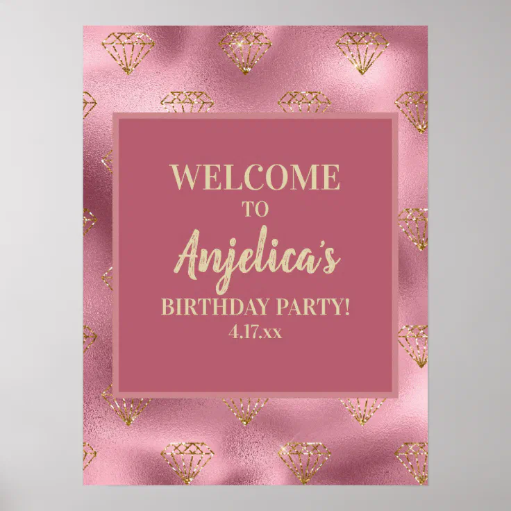 Pink Gold Glitter Diamonds Girl's Birthday Party Poster | Zazzle