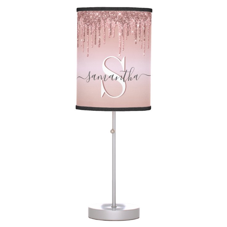 Pink Gold Glitter Drip Personalized Table Lamp | Zazzle