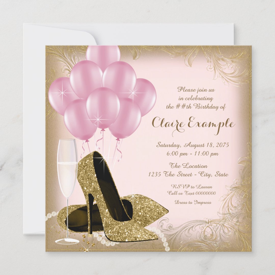 Pink Gold Glitter High Heels Birthday Invitations | Zazzle