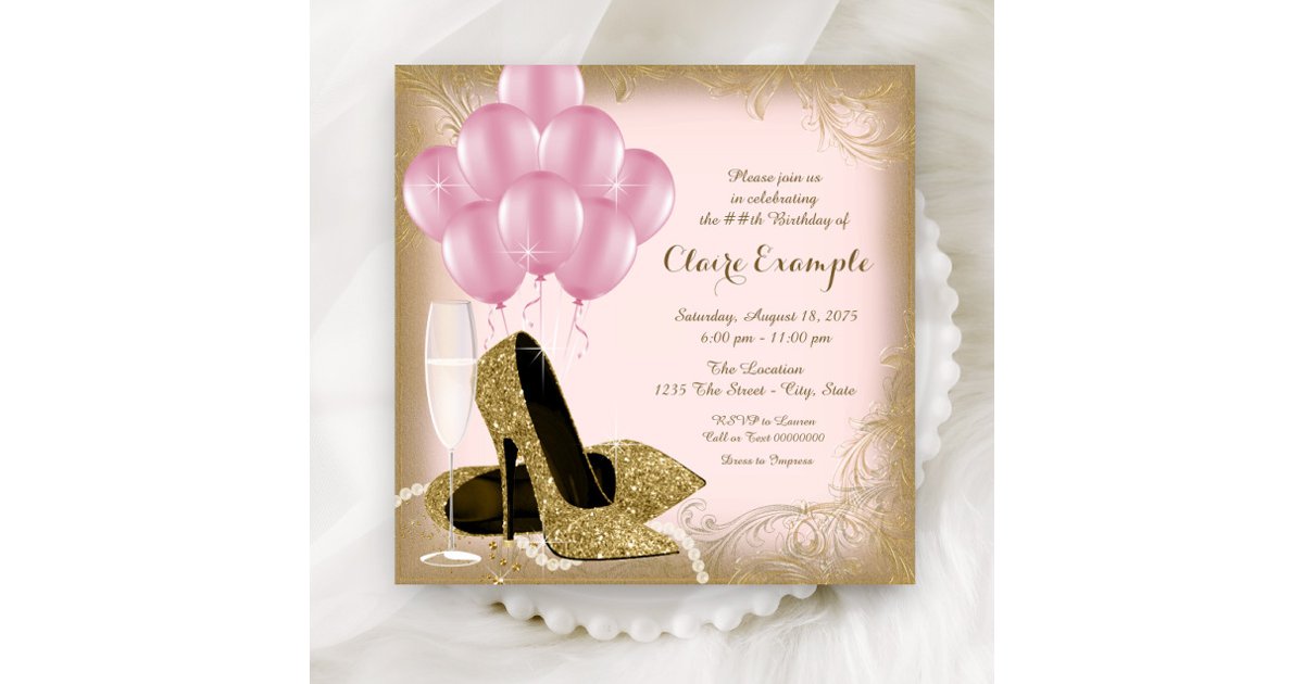 Pink Gold Glitter High Heels Birthday Invitations | Zazzle