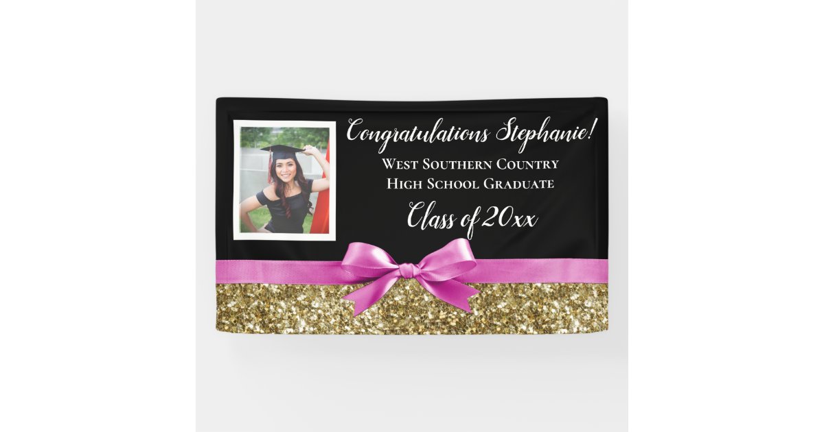 Pink Gold Glitter Photo Graduation Banner Sign | Zazzle