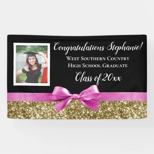 Pink Gold Glitter Photo Graduation Banner Sign | Zazzle