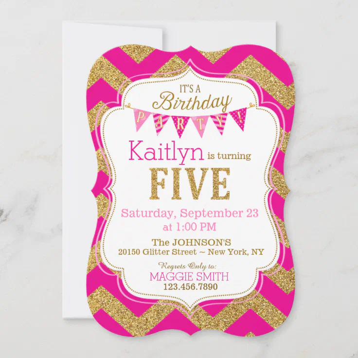 Pink Gold Glitter Sparkle Fifth Birthday Invite | Zazzle