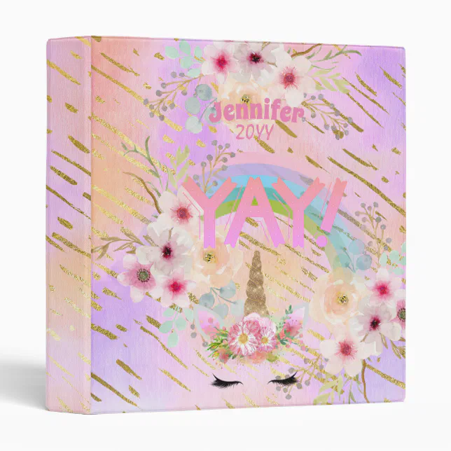 Pink Gold Glitter Unicorn Face Girls Motivational 3 Ring Binder | Zazzle