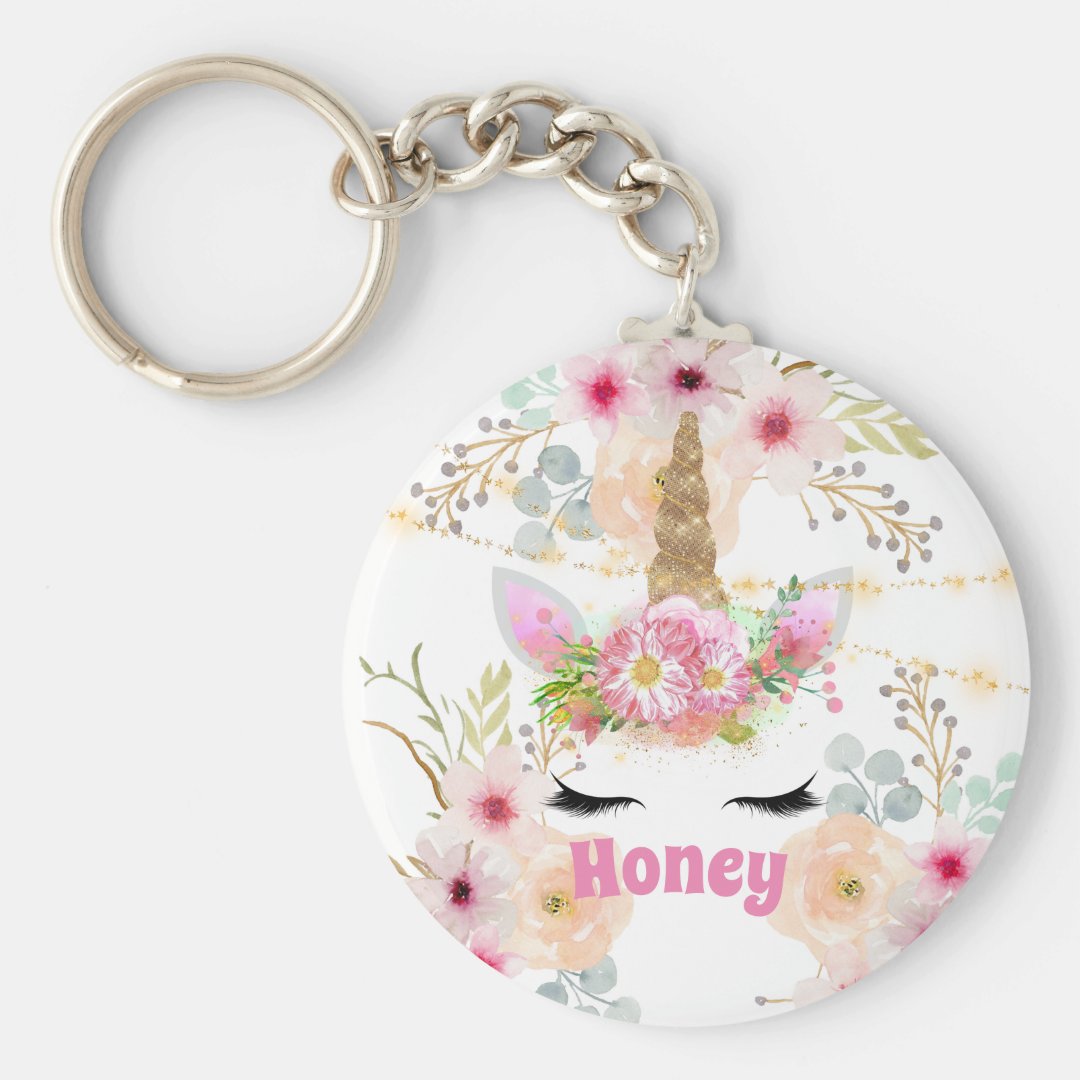 Pink Gold Glitter Unicorn Face Trendy Girls Gift Keychain | Zazzle