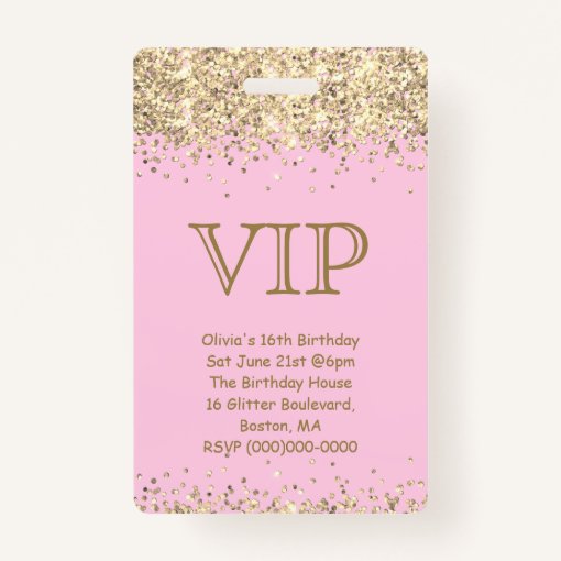Pink & Gold Glitter | VIP Birthday Invitation Badge | Zazzle