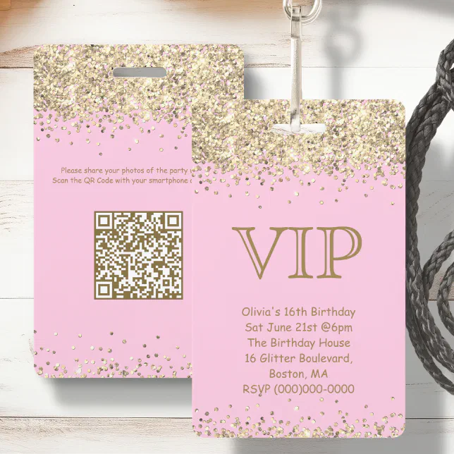 Pink & Gold Glitter | VIP Birthday Invitation Badge | Zazzle