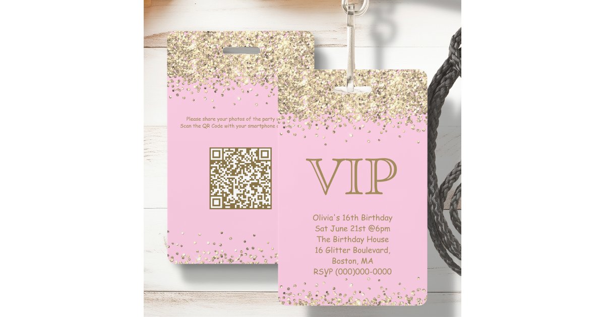 Pink & Gold Glitter | VIP Birthday Invitation Badge | Zazzle