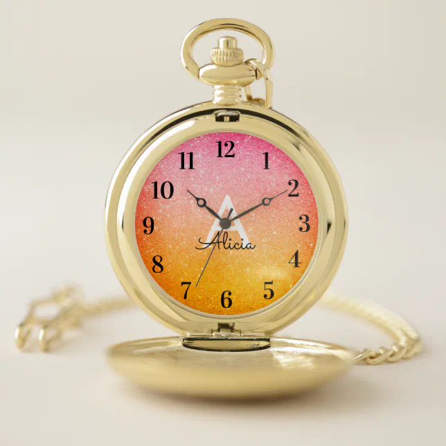 Pink Gold Glitter Yellow Sparkle Pocket Watch | Zazzle