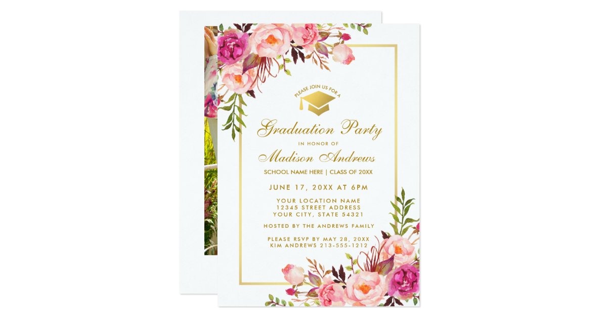Pink Gold Graduation Party Invite - Photo Back | Zazzle.com