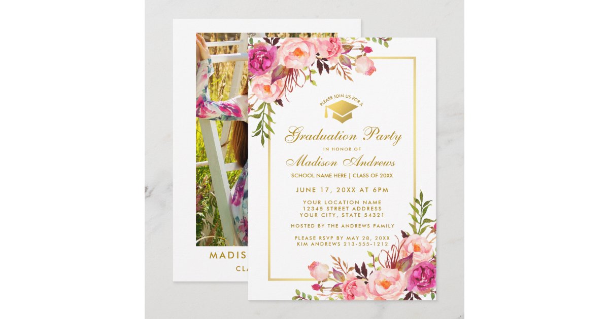 Pink Gold Graduation Party Invite - Photo Back | Zazzle