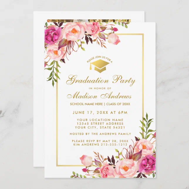 Pink Gold Graduation Party Invite - Photo Back | Zazzle