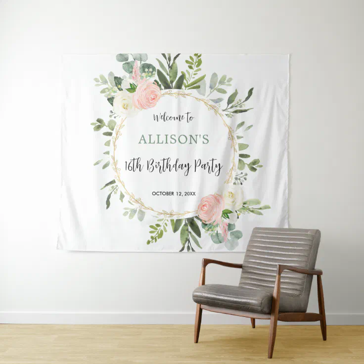 Pink gold greenery birthday party backdrop sign | Zazzle