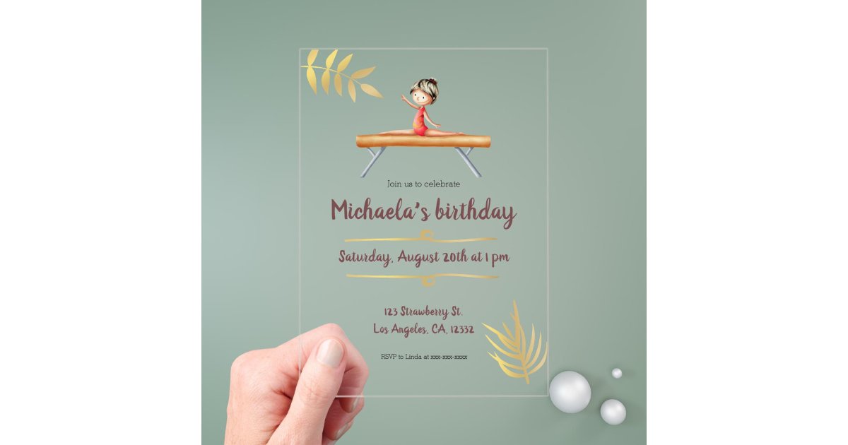 Pink Gold Gymnastics Girl on Beam Birthday Acrylic Invitations | Zazzle