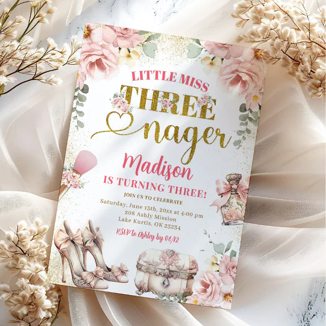 Pink Gold Little Miss Threenager Third Birthday Invitation | Zazzle