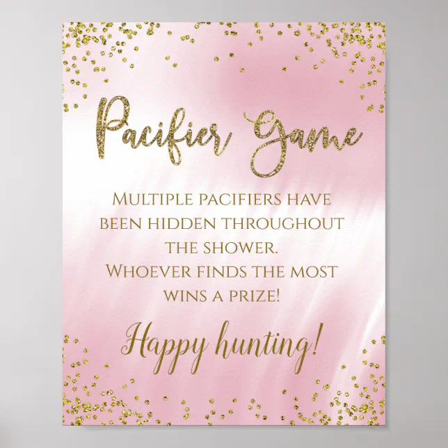 Pink Gold Pacifier Baby Shower Game Sign | Zazzle