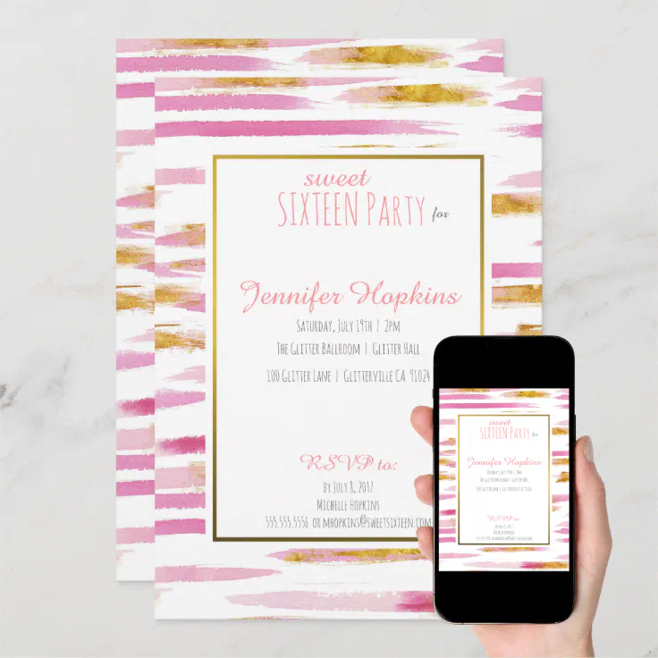 Pink & Gold Paint Stripes Party Invitations | Zazzle