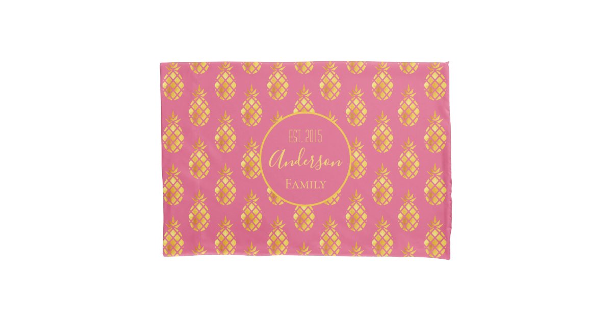 Pink gold pineapples pattern name pillow case | Zazzle