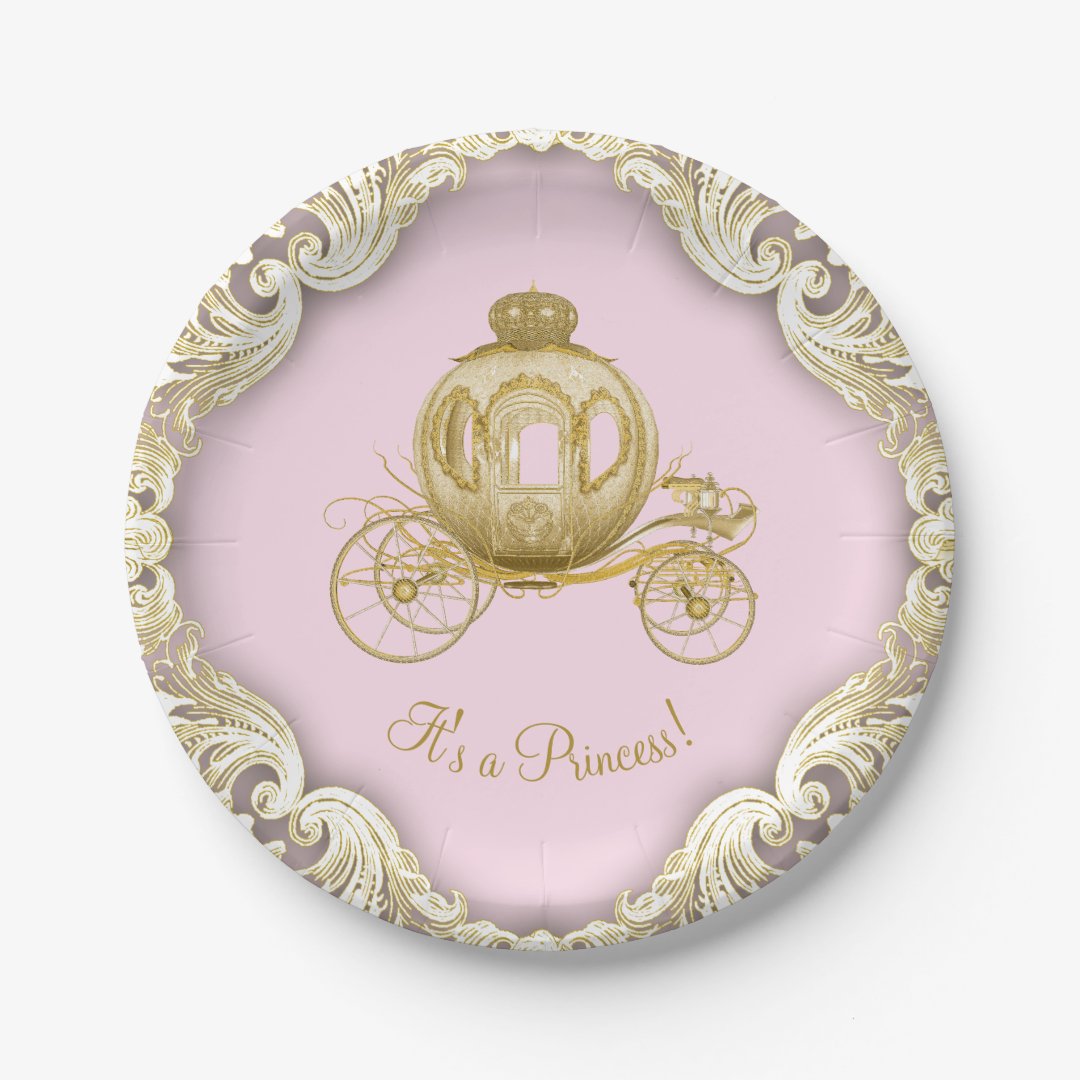 Pink Gold Princess Carriage Girl Baby Shower Paper Plates | Zazzle