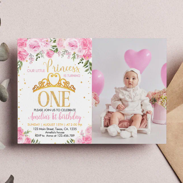 Pink Gold Princess Crown First Birthday Invitation | Zazzle