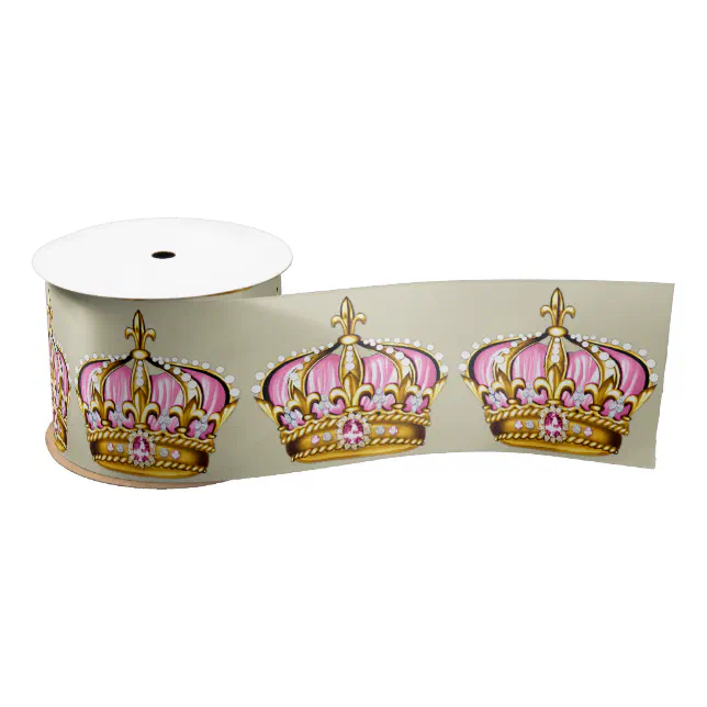 Pink Gold Princess Crown Satin Ribbon | Zazzle