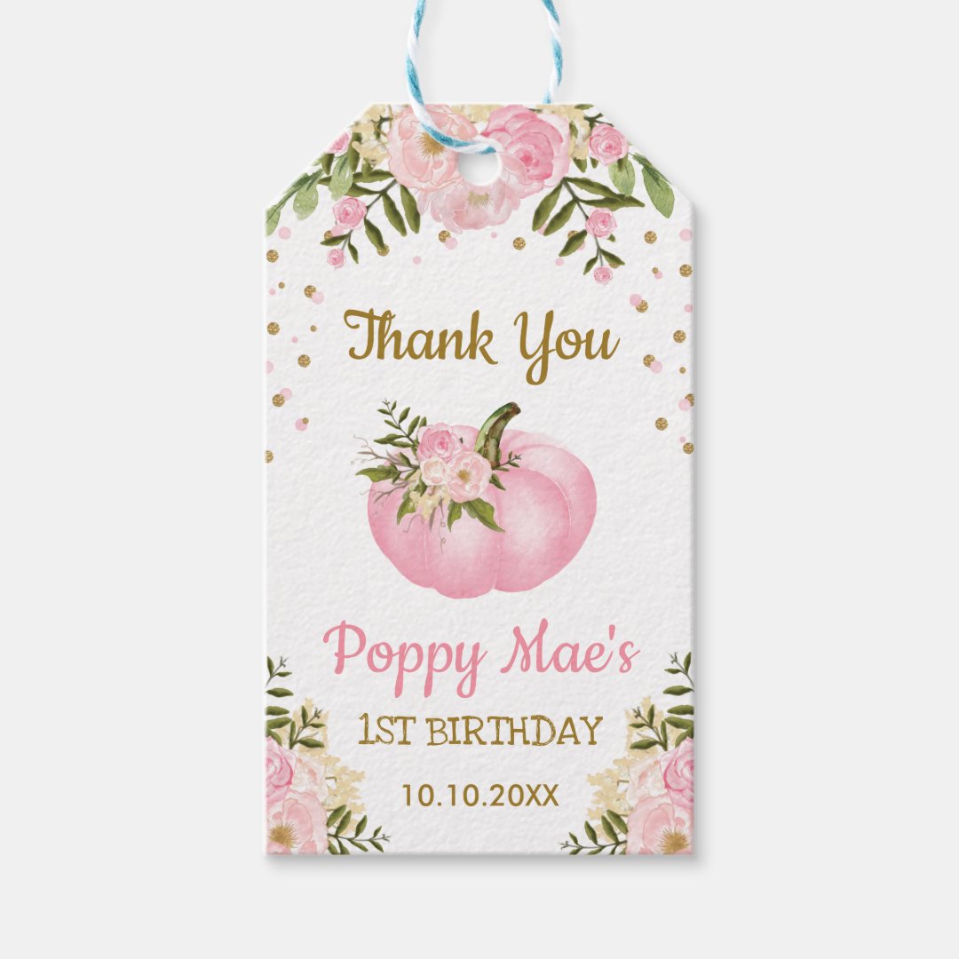 Pink Gold Pumpkin Girl Birthday Party Fall Favors Gift Tags | Zazzle