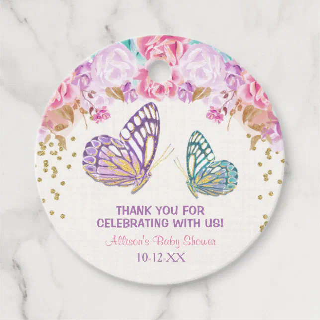 Pink gold purple butterfly girl baby shower favor tags | Zazzle
