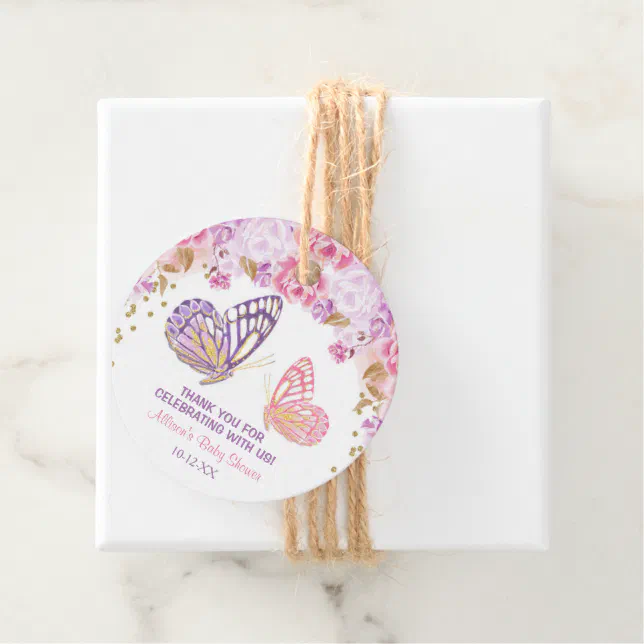 Pink gold purple floral Butterfly baby shower Favor Tags | Zazzle