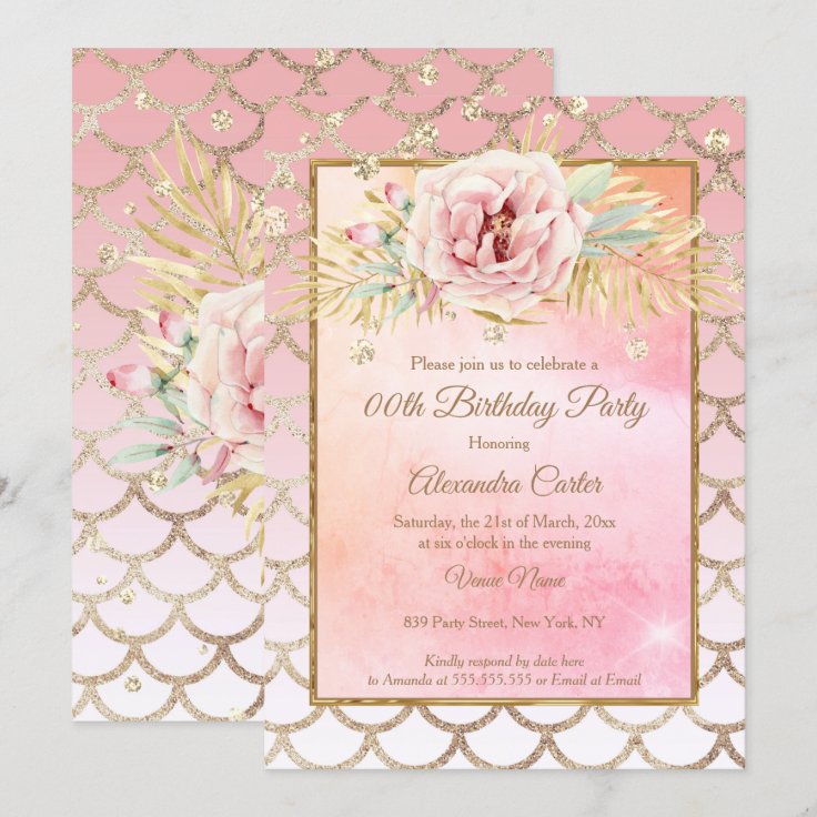 Pink Gold Rose Floral Birthday Party Invitation | Zazzle