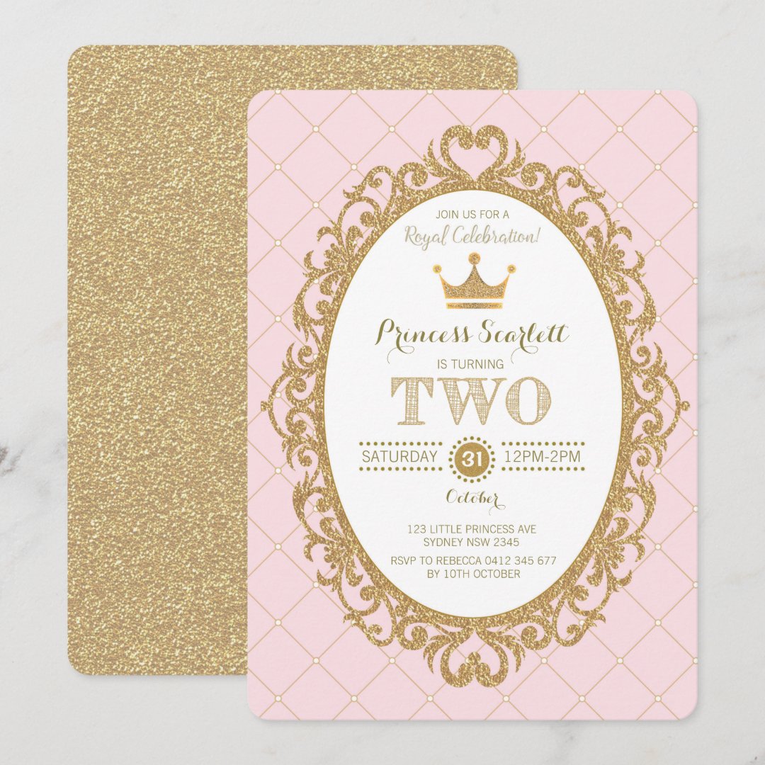 Pink Gold Royal Crown Princess 2nd Birthday Party Invitation | Zazzle