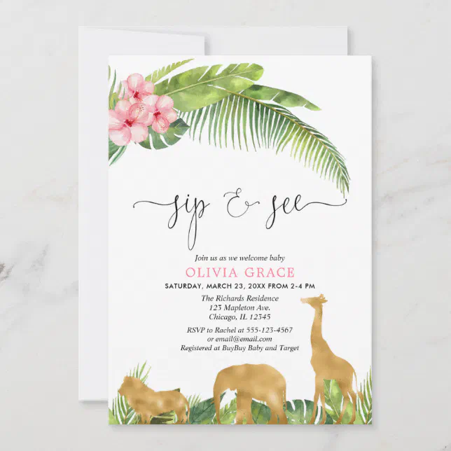 Pink gold sip and see safari jungle meet greet invitation | Zazzle