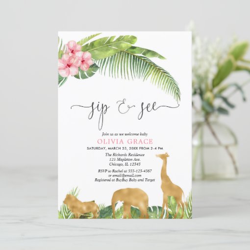 Pink gold sip and see safari jungle meet greet invitation | Zazzle