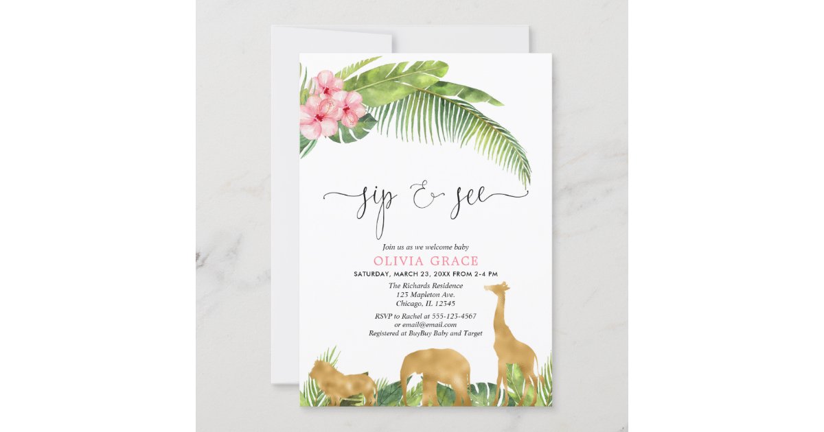 Pink gold sip and see safari jungle meet greet invitation | Zazzle