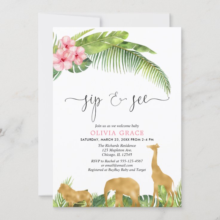Pink gold sip and see safari jungle meet greet invitation | Zazzle
