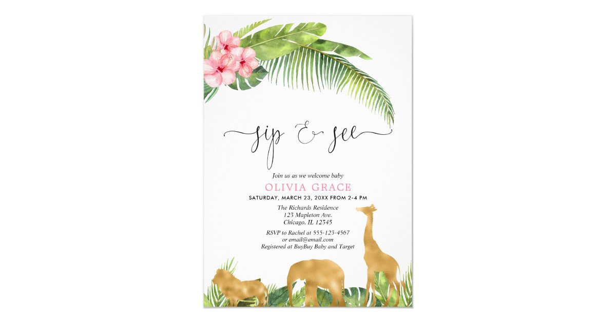 Pink gold sip and see safari jungle meet greet invitation | Zazzle.com