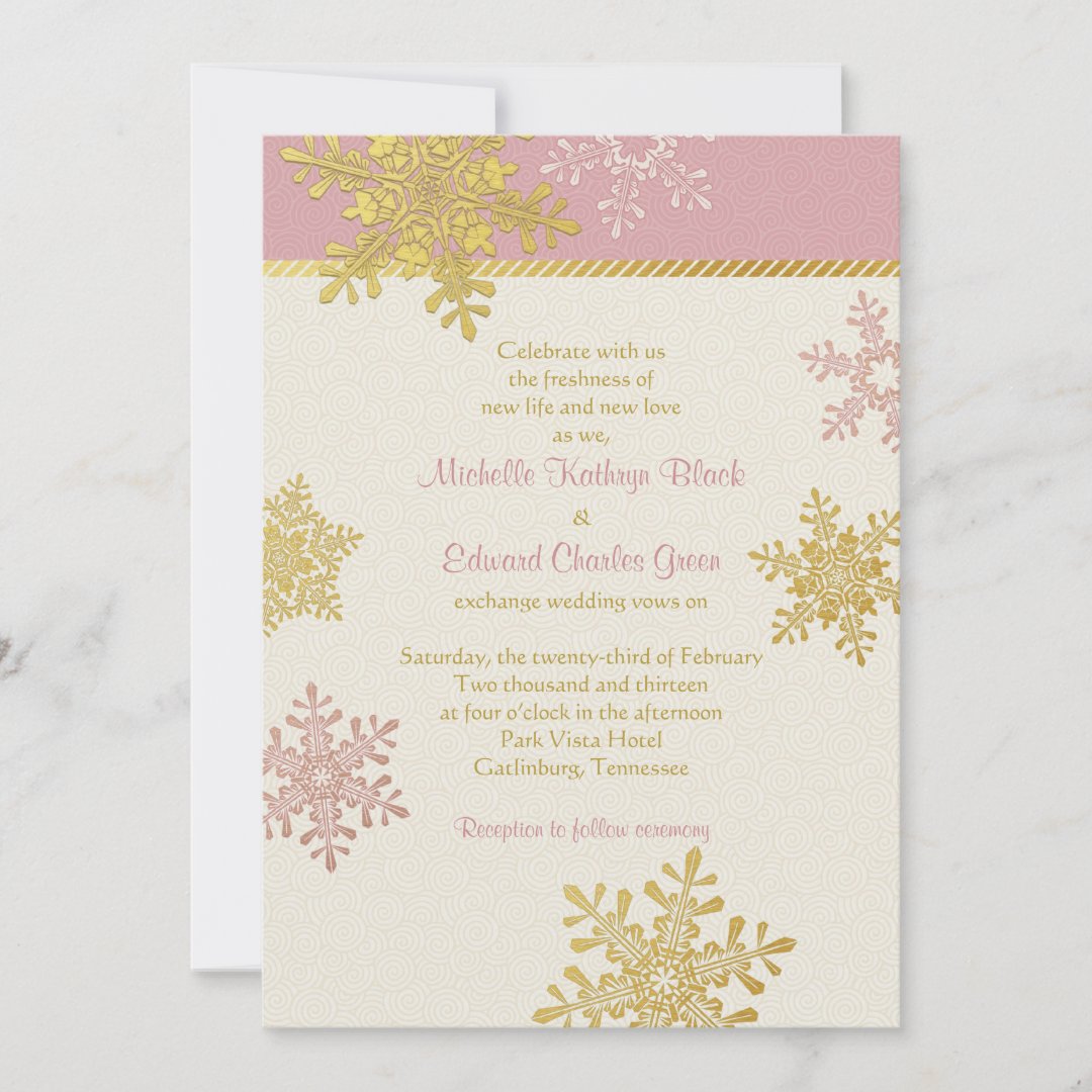 Pink Gold Snowflake Winter Wedding Invitation | Zazzle
