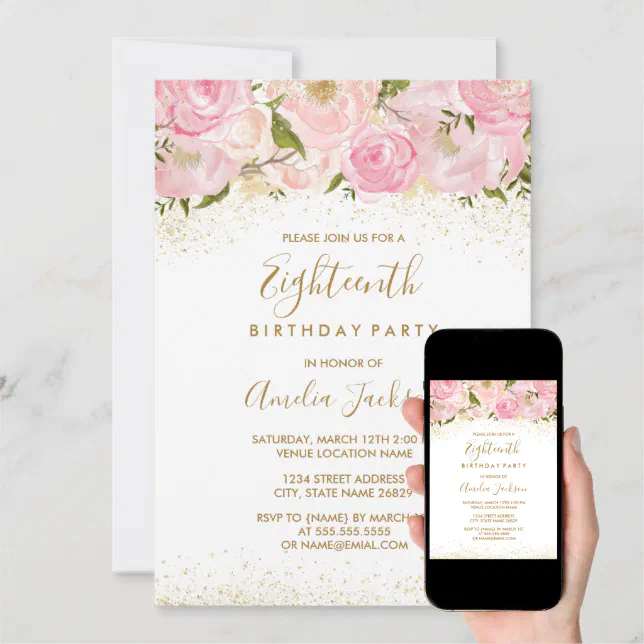 Pink Gold Sparkle Rose 18th Birthday Invitation | Zazzle