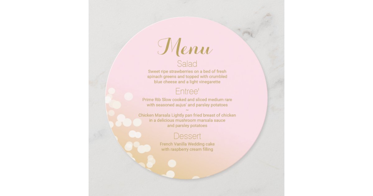 Pink Gold Sparkle Round Menu ffe3ea | Zazzle